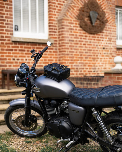 GOLDTOP LEATHER TANK BAG - LARGE - BLACK VEG TANNED – Strath Moto